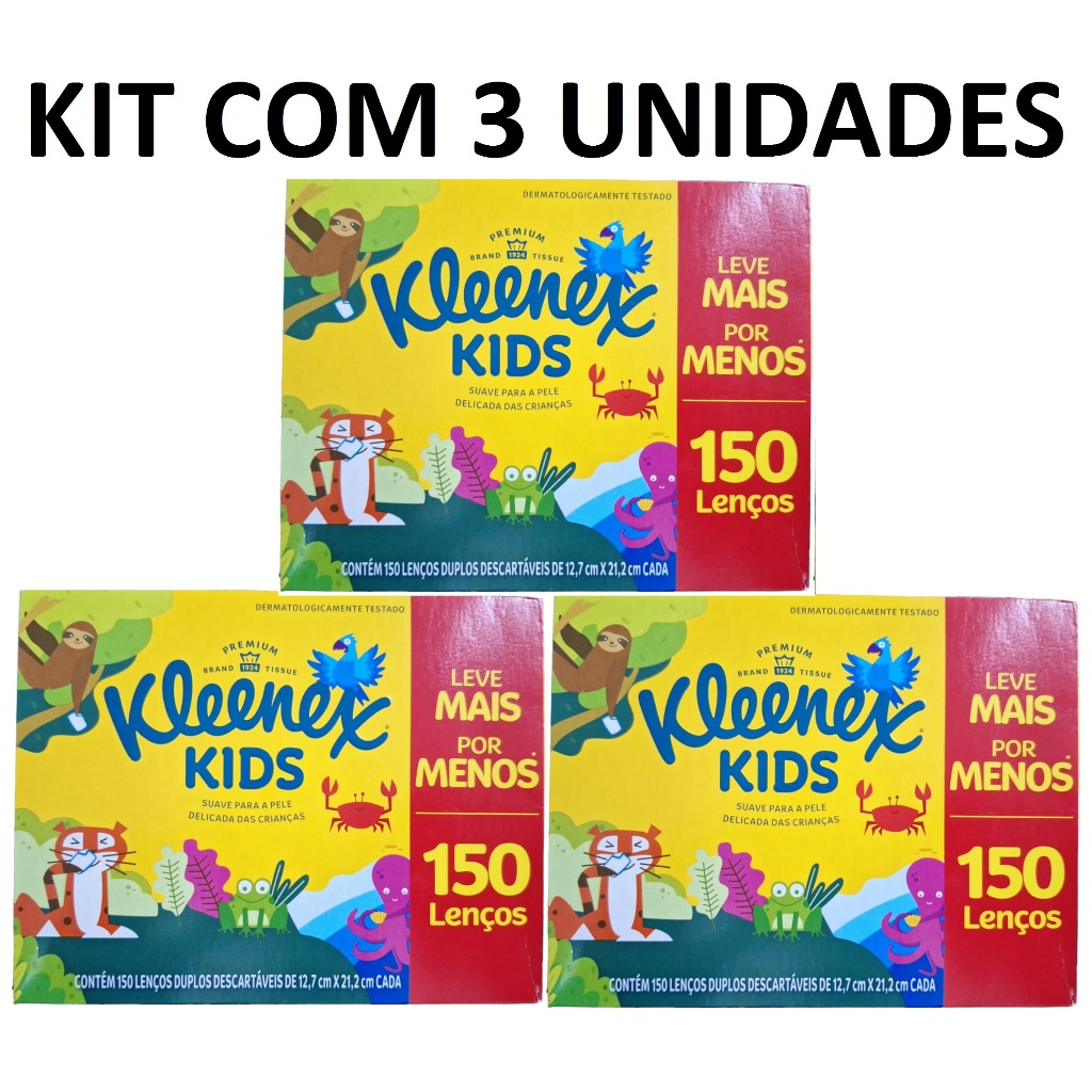 KIT COM 3 Lenço de Papel Descartável Kleenex Kids Box Com 150 Folhas ...