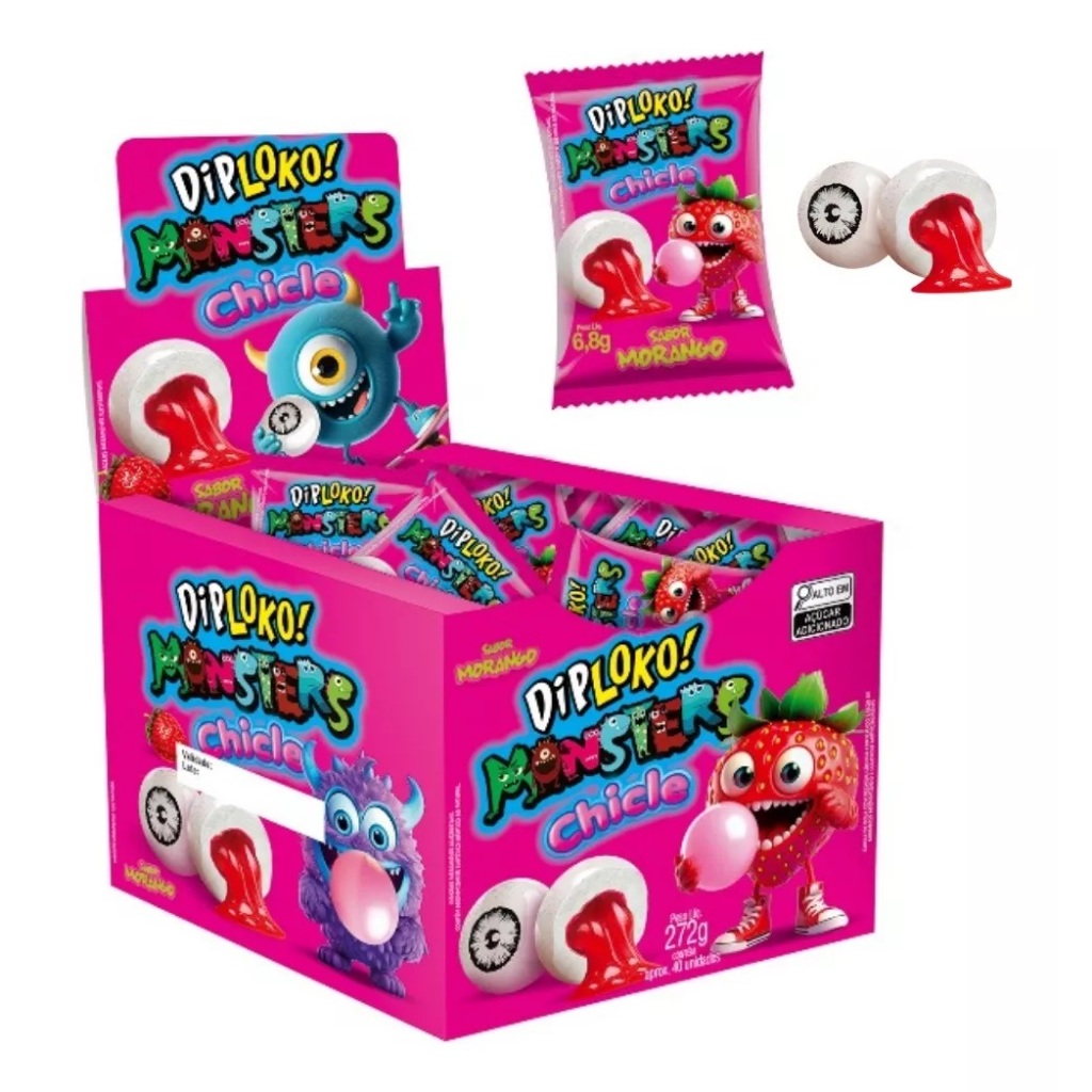 Caixa 40und Chicle Dip Loko Monster Morango ou Framboesa Display 272g ...