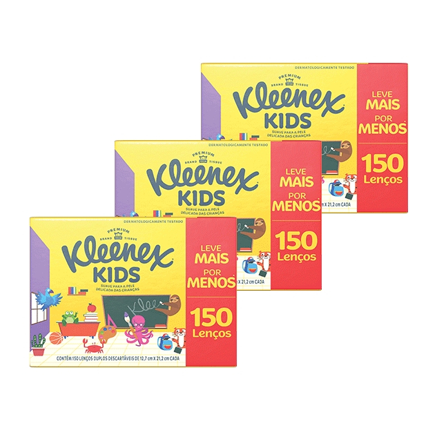 Kit 3 Lenço Descartável Kleenex Kids 150 Folhas Duplas De 12,7cm x 21 ...