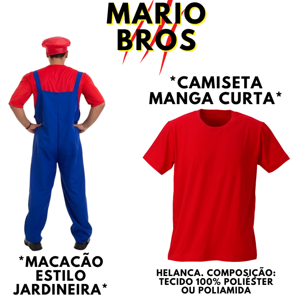 Fantasia Mario Bros + Quepe + Bigode Adulto Masculino Super Premium ...