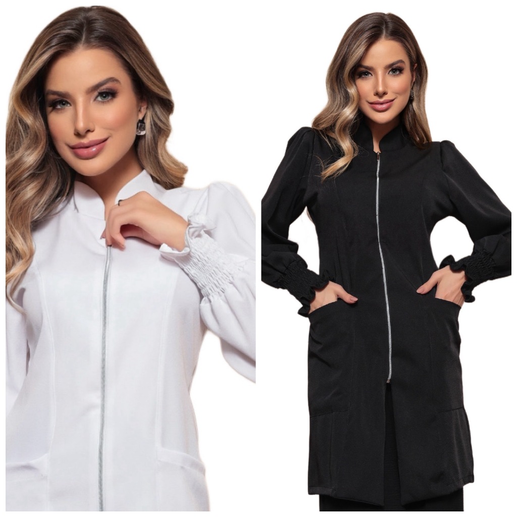 Jaleco Feminino Luxo Zíper Manga Bufante C/ Elastano Gabardine Sofie Várias Cores | Shopee Brasil