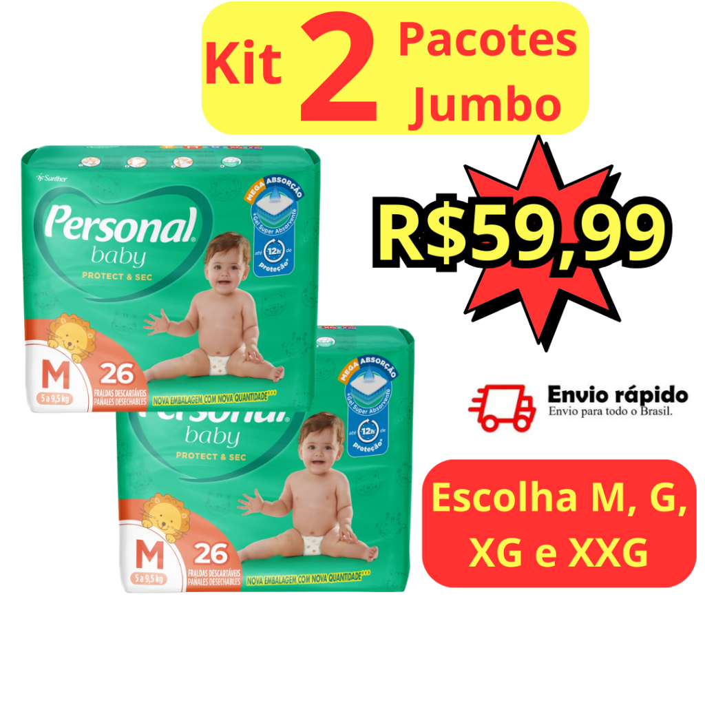 Kit com 2 Pacotes de Fralda Personal Baby Jumbo. Escolha o tamanho M, G ...
