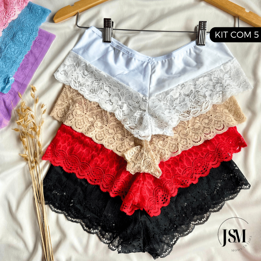 KIT COM 5 Calcinhas de Renda Box Shortinho Cueca Boxer Feminina | Shopee Brasil