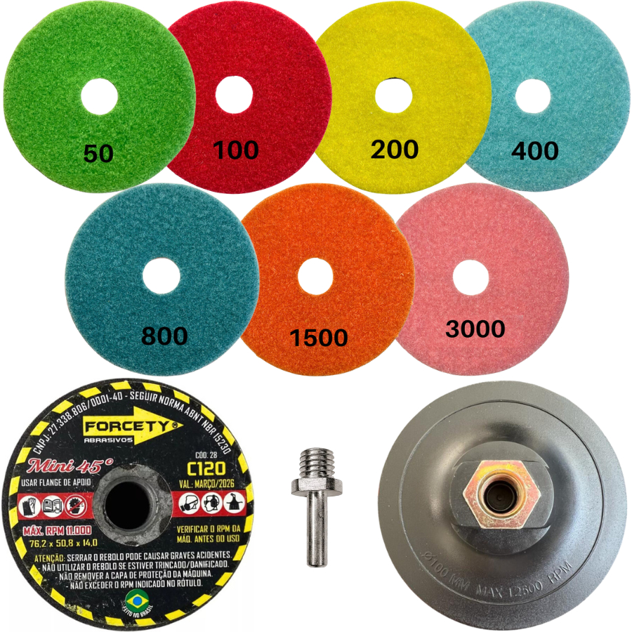 Kit Lixa Diamantada 100mm + Mini Rebolo 3 Polegadas + Suporte C ...