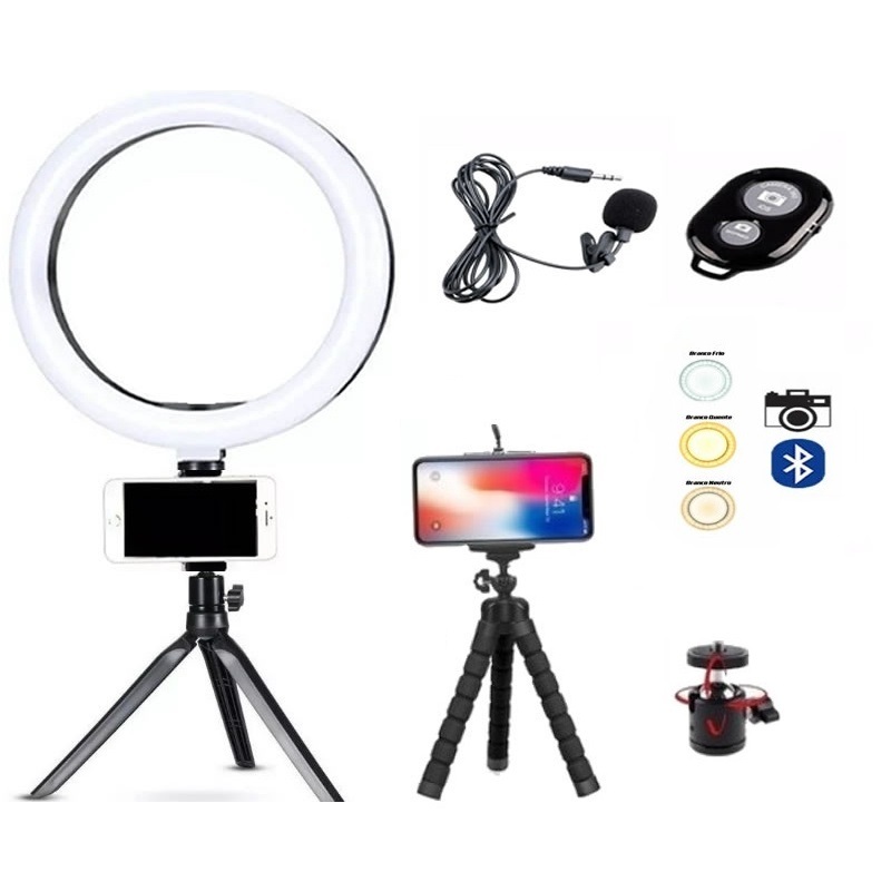 Kit para Youtuber com Ring Light 8 Polegadas, Tripe com suporte Celular, Microfone Lapela e ...
