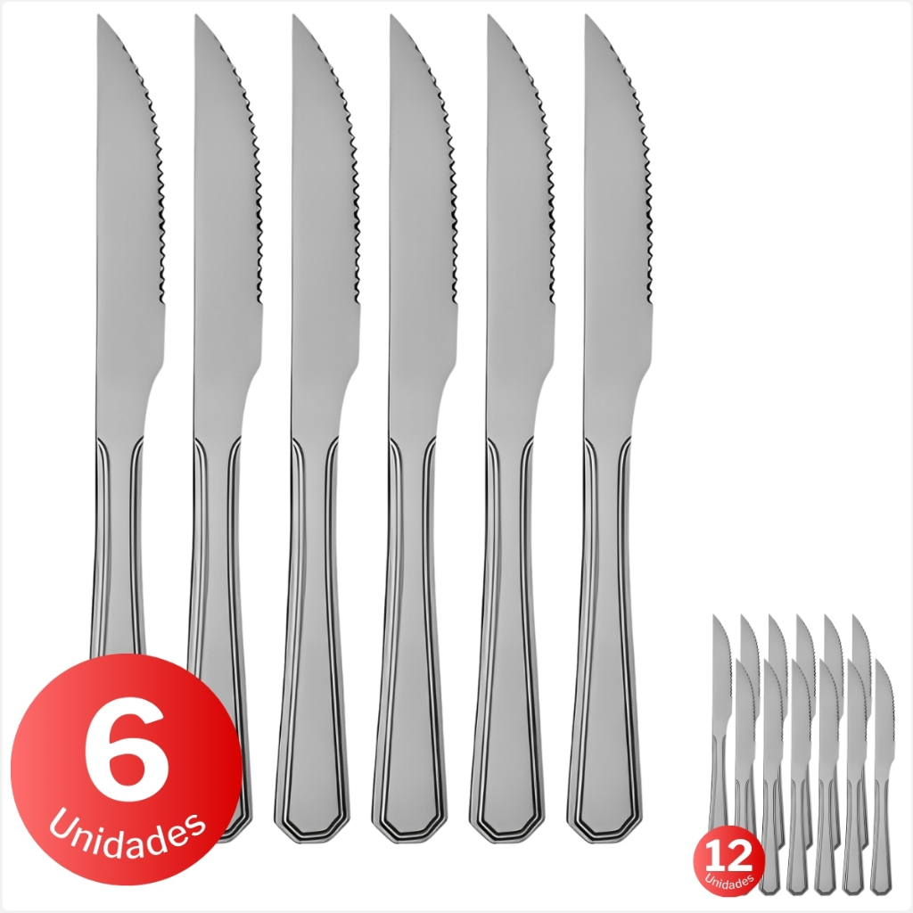 Jogo 6 Facas de Mesa em Aço Inox Inteiriça Churrasco Restaurante Bar ...