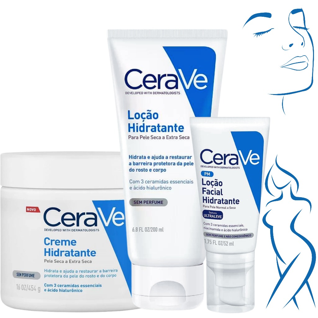 kit CeraVe Corpo e Rosto Loção Creme Hidratante Pele Seca Extra Seca ...
