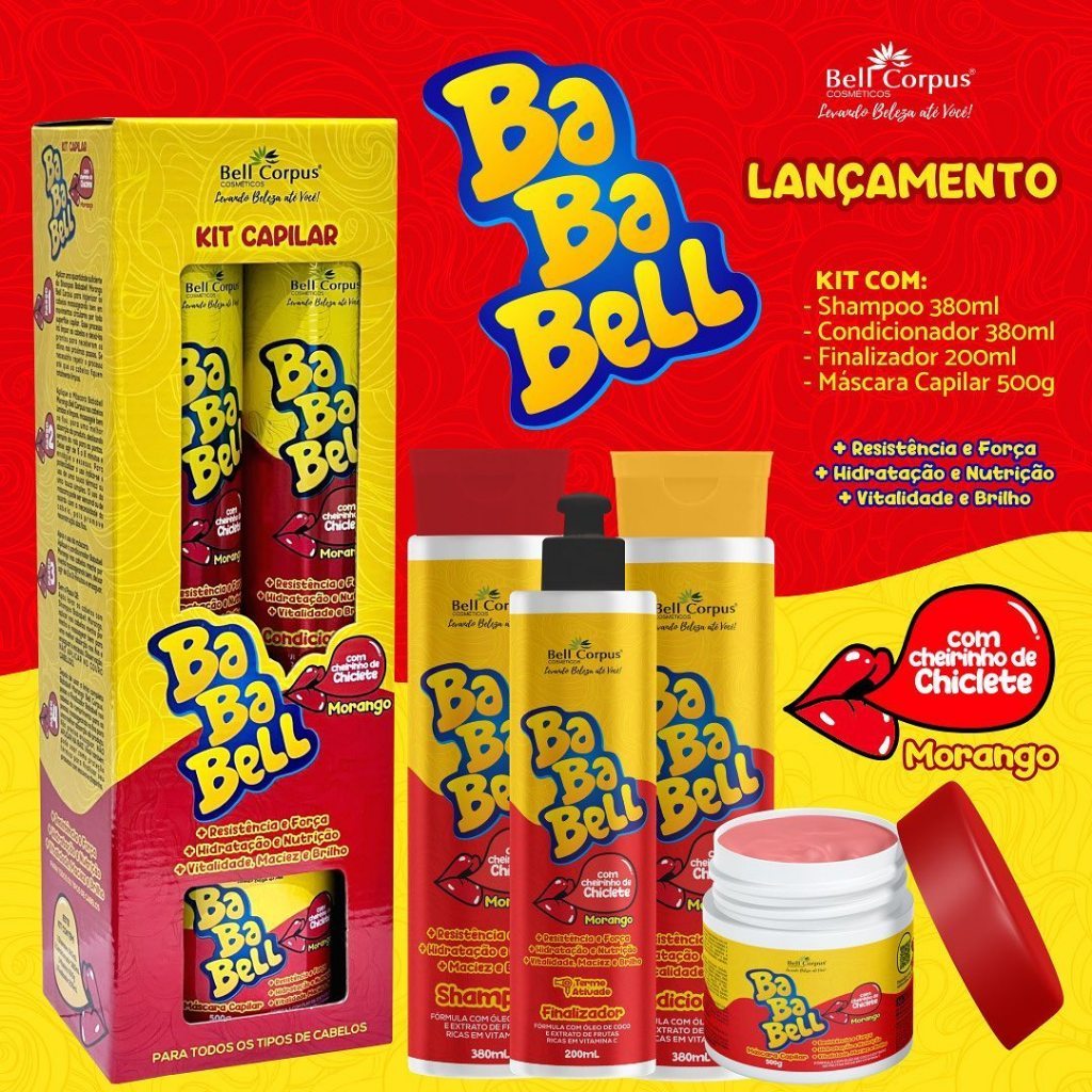 Kit Capilar BabaBell Babbaloo Lançamento MORANGO C/ 4 Itens Bell Corpus ...