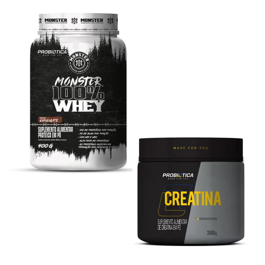 Kit 1x Whey 100% Pote 900g Monster + 1x Creatina Creatine Pura 300g ...