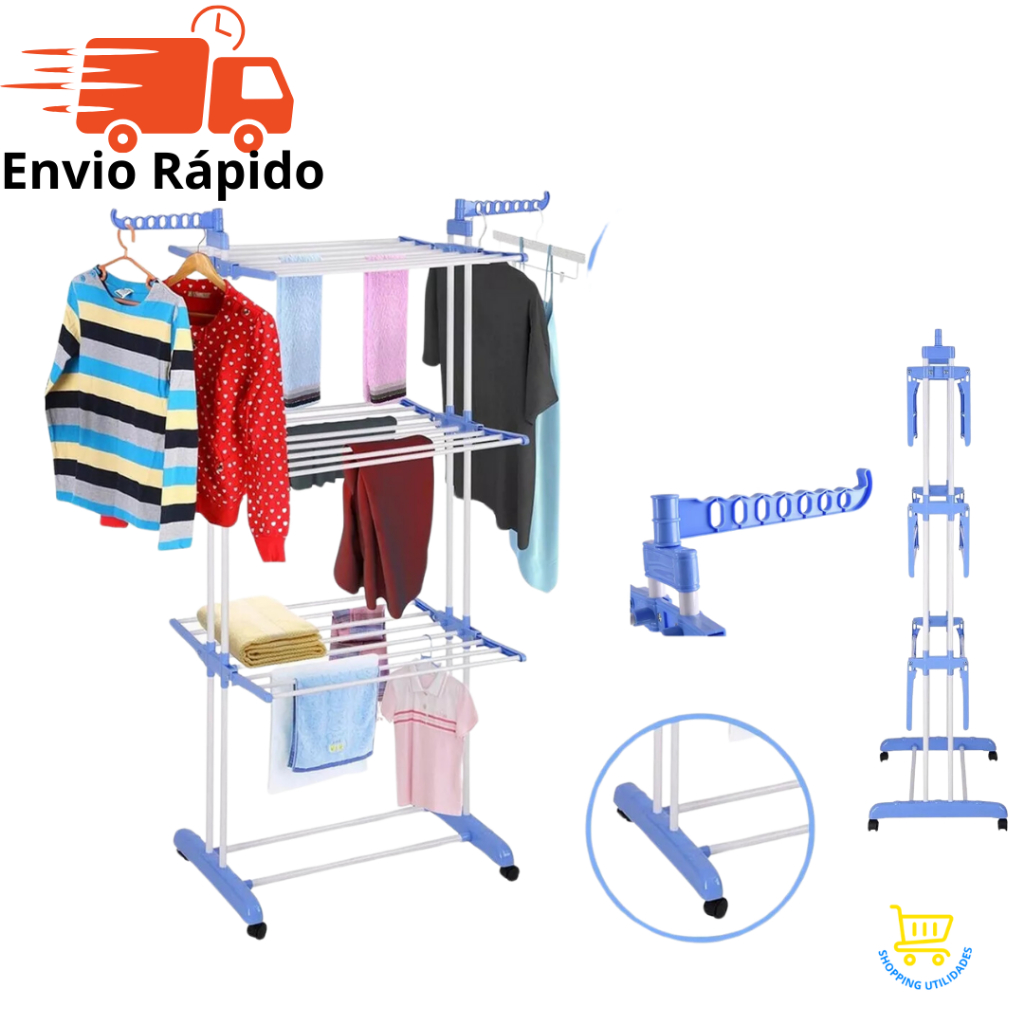 Varal de Chão Retrátil 3 Andares Grande com Rodinha Reforçado Dobrável ...