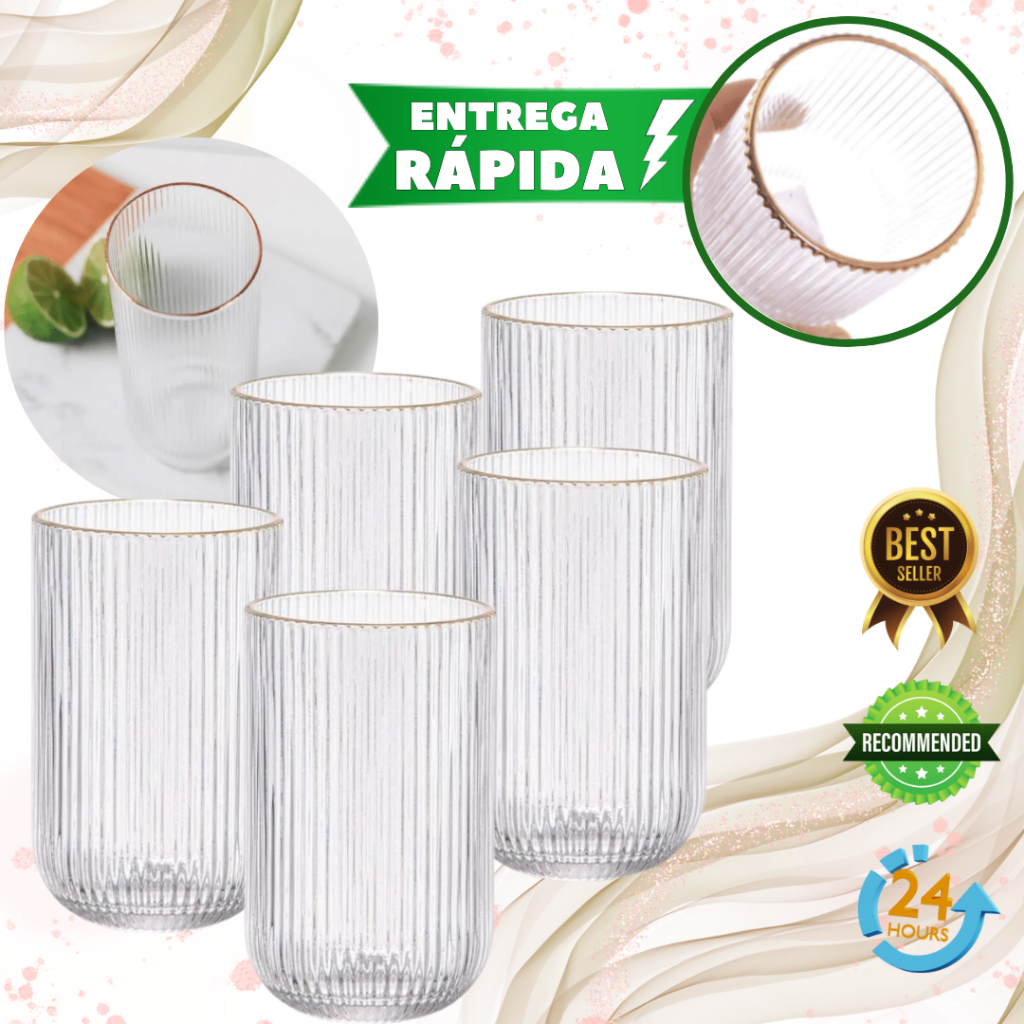 Jogo 5 copos De Vidro Com Borda Dourada 420ml Detalhe de Listras ...