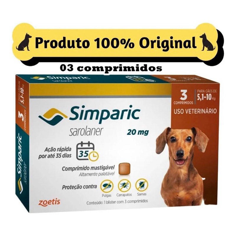 Antipulgas Simparic 20 Mg 5 a 10 Kg 3 comprimidos | Shopee Brasil