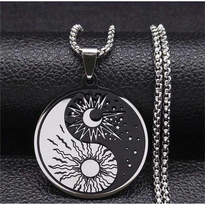 Corrente Masculina Colar Cordão Pingente Yin Yang Tai Chi Sol e Lua Equilíbrio Prata Inox 55CM ...
