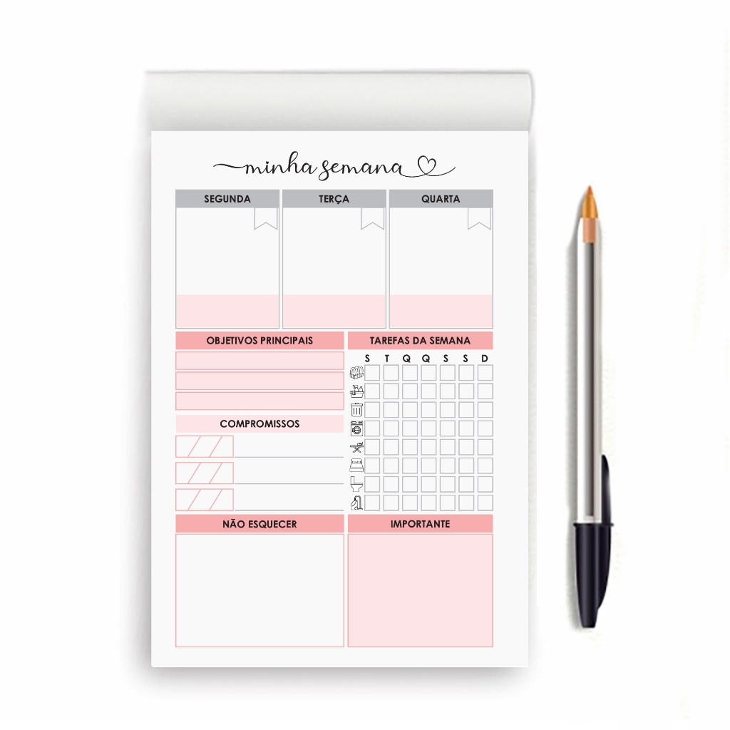 100 FOLHAS PLANNER SEMANAL FRENTE E VERSO A5 BLOCO DESTACÁVEL PRONTA ...
