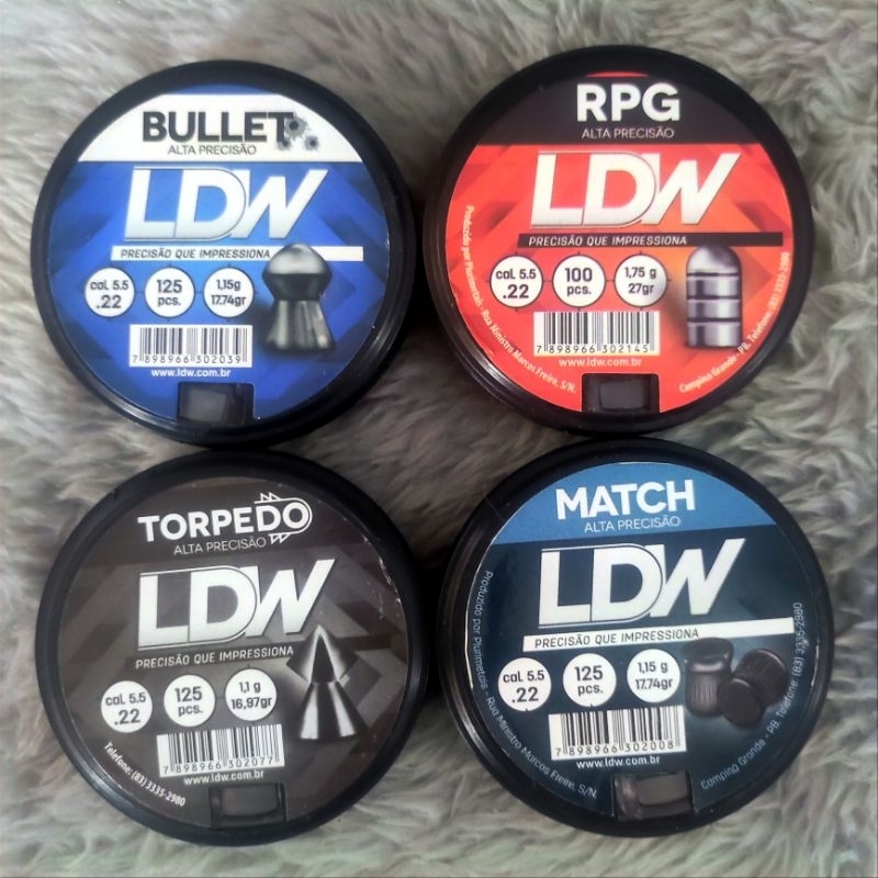 Kit c/ 4 cx Chumbinhos LDW Bullet, Match, RPG e Torpedo - 5.5 mm com ...