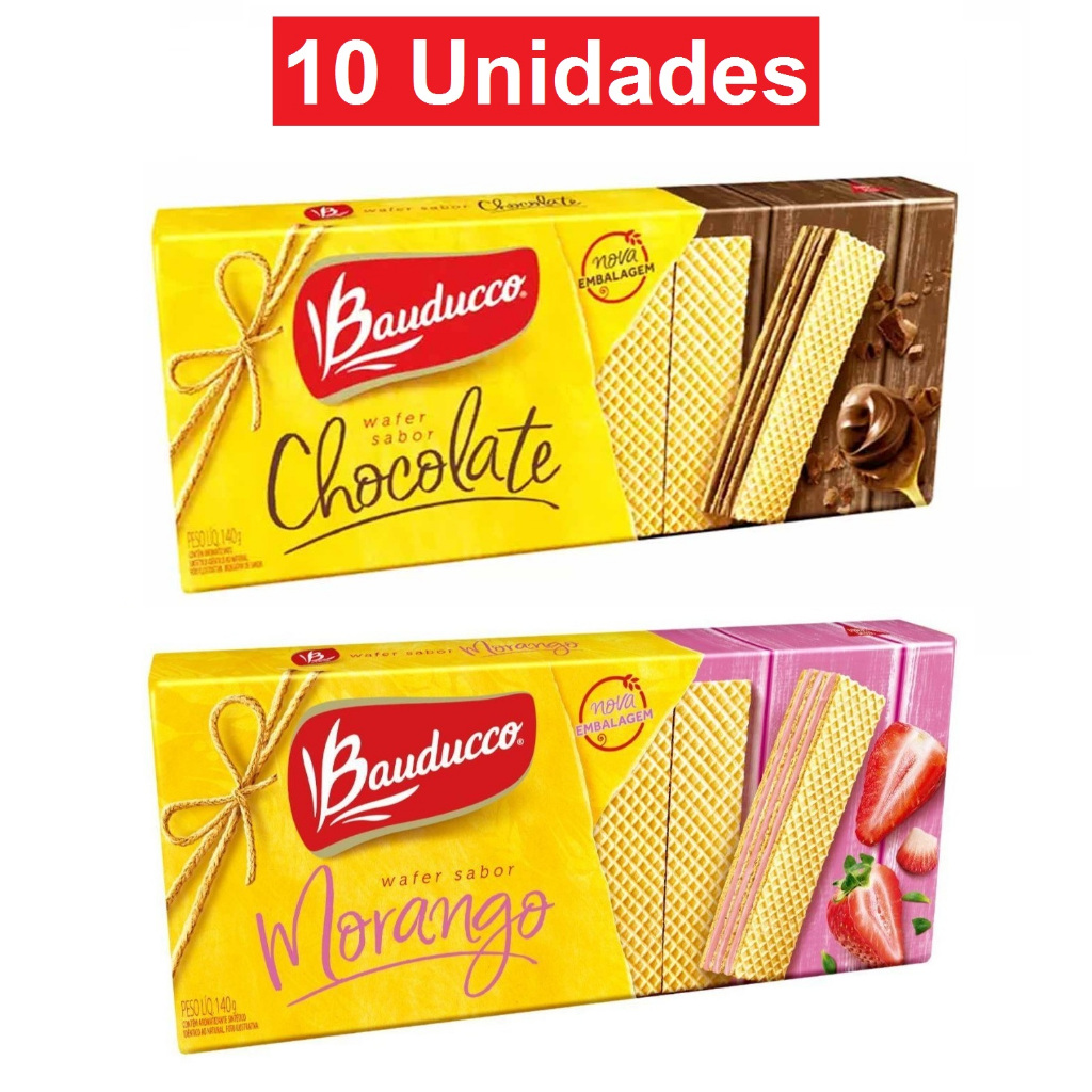 Caixa 10 Bolacha Wafer Bauducco Morango Ou Chocolate 140G | Shopee Brasil