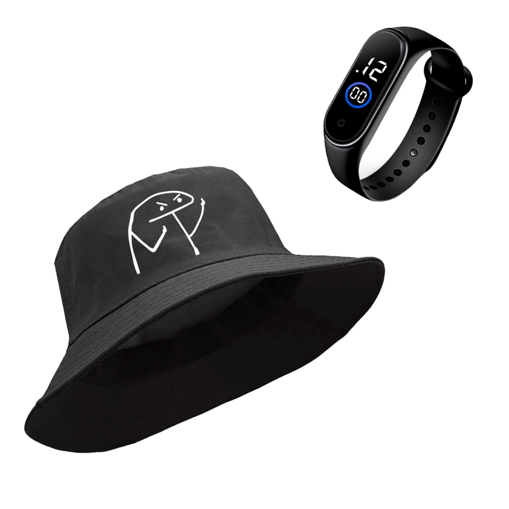 Kit Bone Chapeu Bucket Hat Flork Dedo Medio Meme + Relogio Smart Watch ...