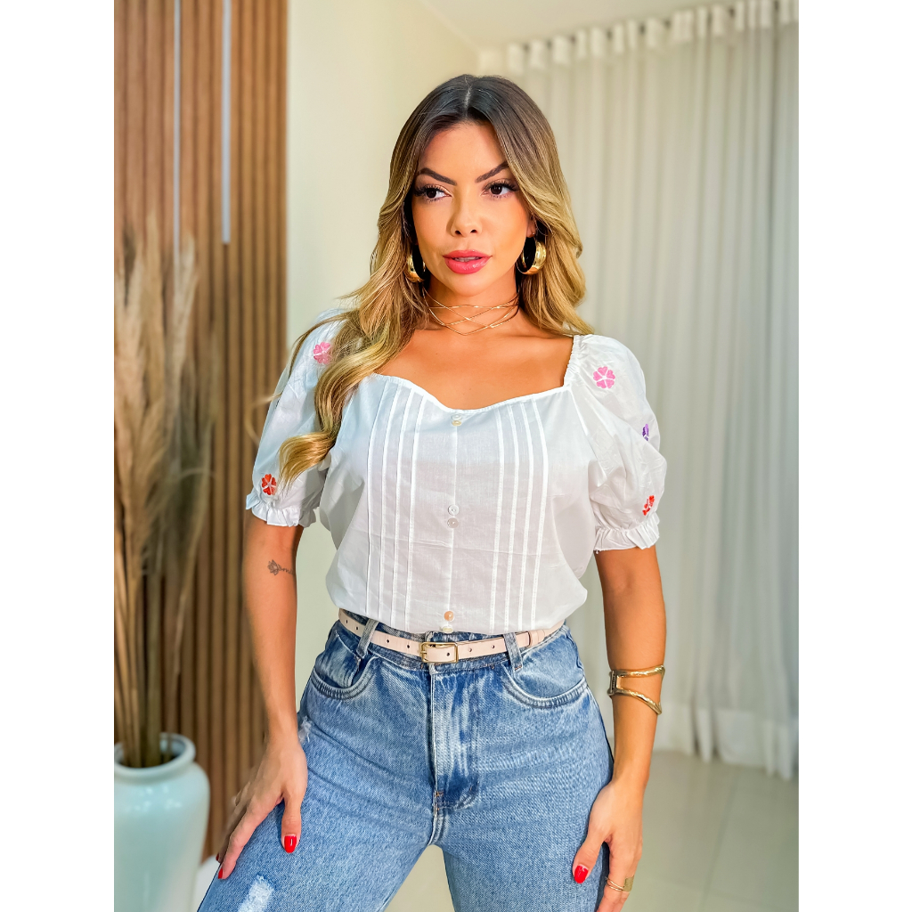 Blusa Manga Curta Feminina Bordado nas Mangas com Manga Bufante B0008 ...