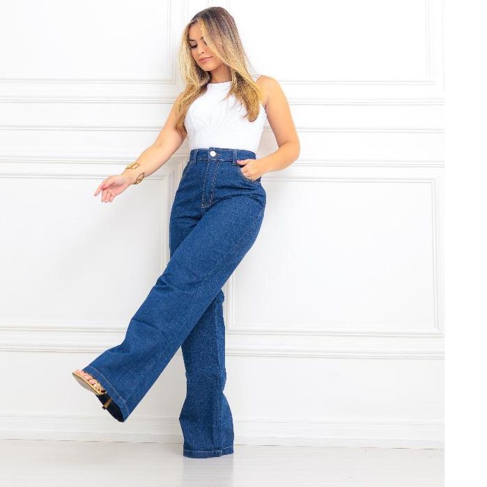Calça jeans wide leg escura lisa feminina perna larga | Shopee Brasil