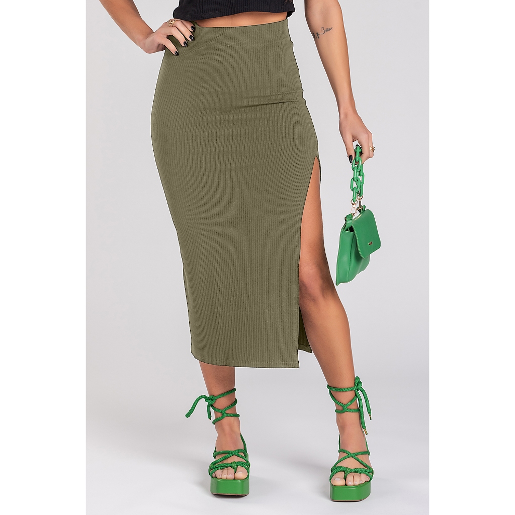 Saia Midi com Fenda Lateral Feminina - Tecido Poliéster - Caimento ...