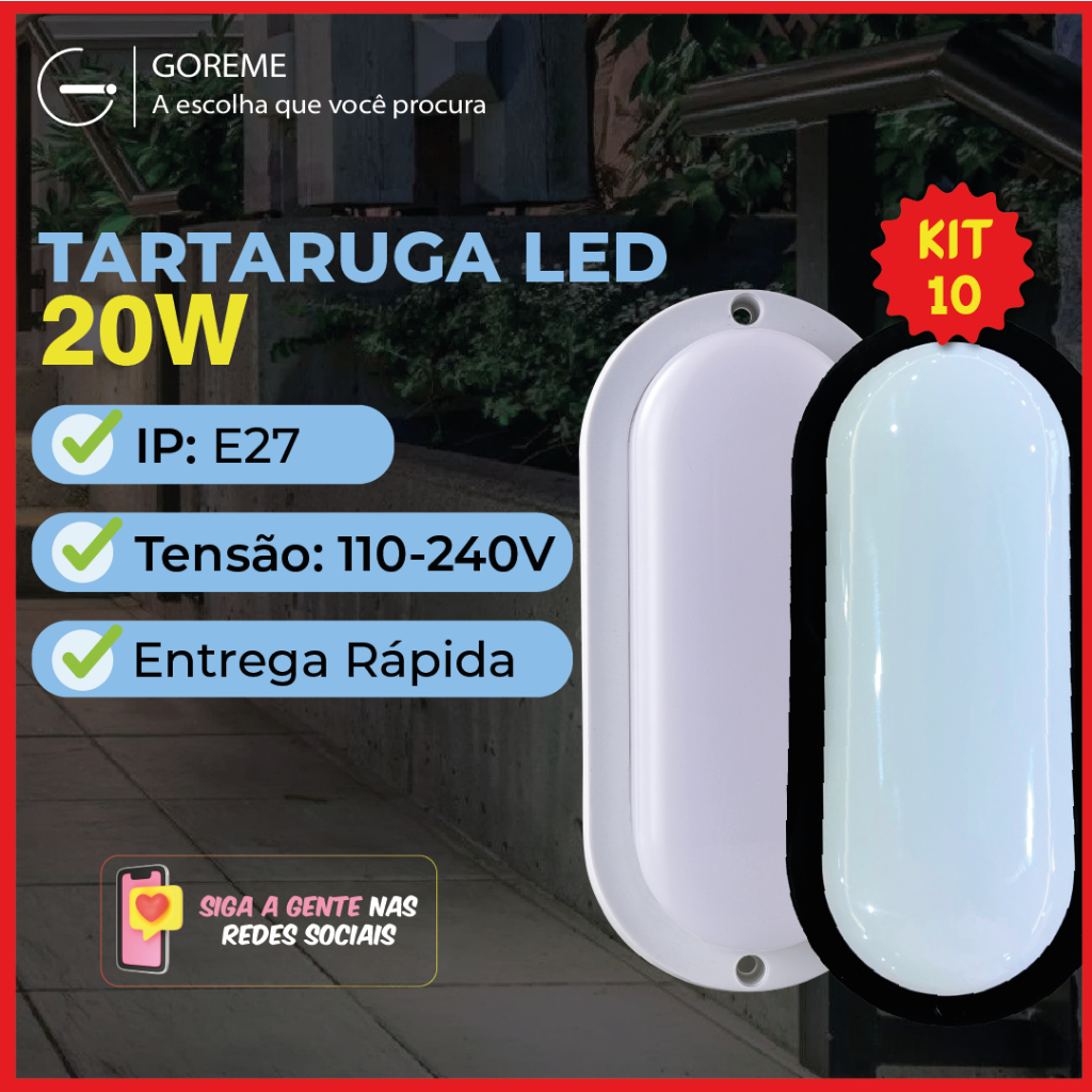 Kit 10 Luminária Arandela Tartaruga LED 20W Bivolt | Preto ou Branco ...