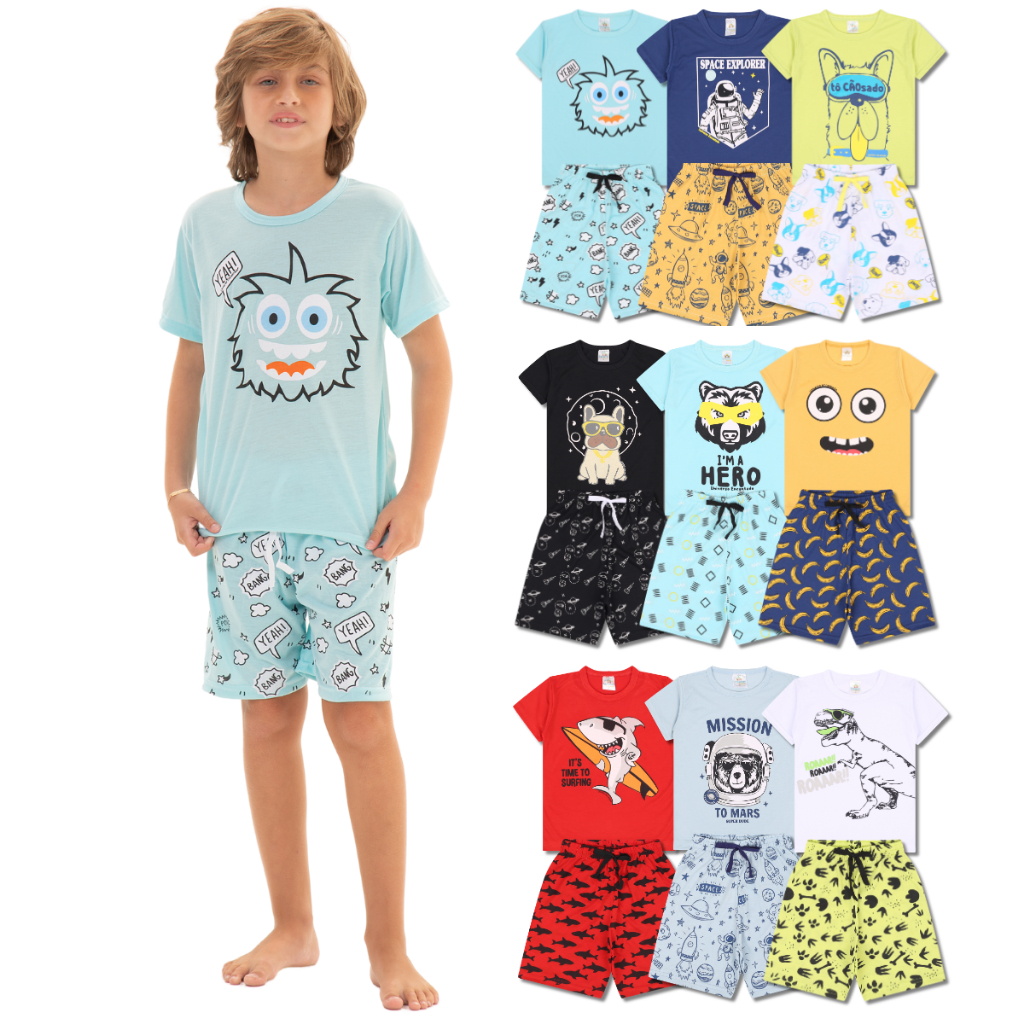 Kit Sortido 10 Peças Pijama Infantil Menino - 5 Camisetas + 5 Bermudas ...