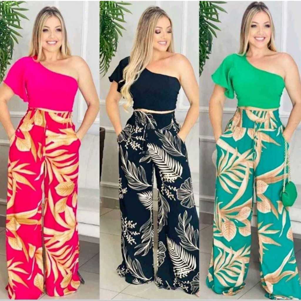 Calça Feminina Pantalona Estampada Duna Elástico Na Cintura Con Bolso ...