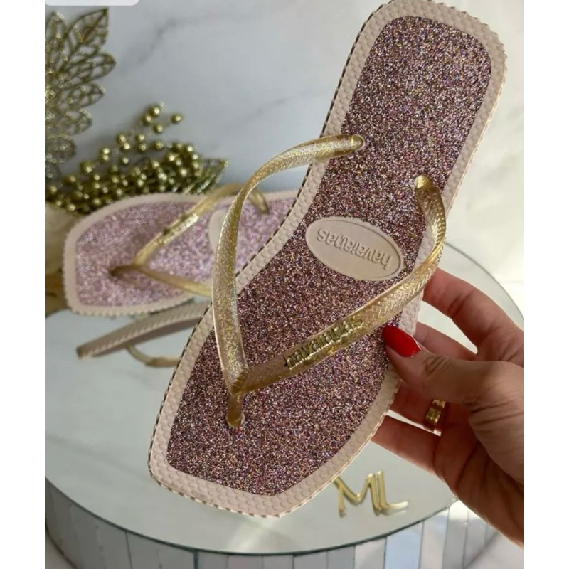 Chinelo de Praia Feminino Brilho Lançamento Gliter Bico Quadrado Moda ...