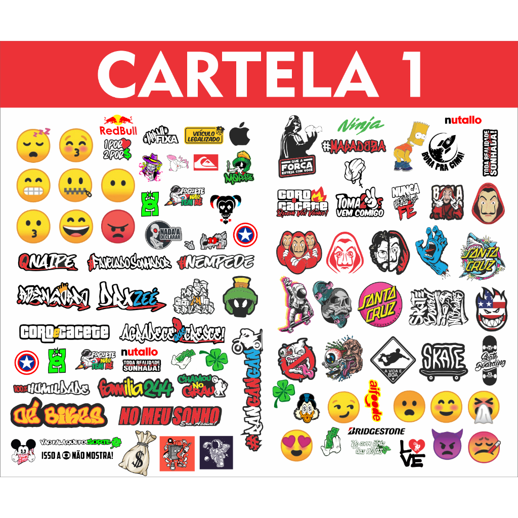 Super Cartela Kit 90 Unidades Stickers Adesivos Moto Bike Carro Pc Computador Celular Notebook ...