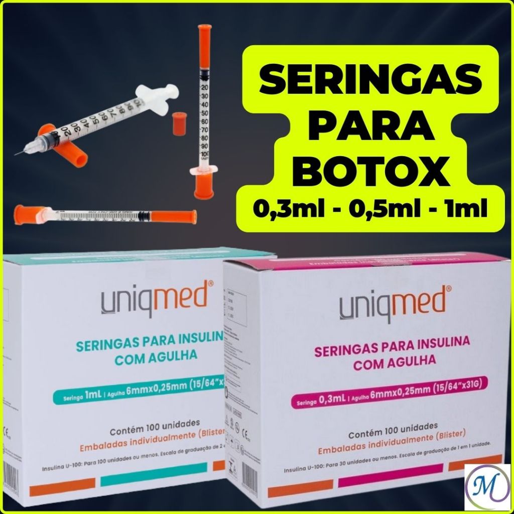 100 Seringas 0,3ML, 0,5ML ou 1ML com ag. 6mmx0,25mm - 31G para Toxina ...