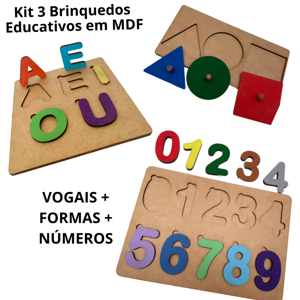 Kit 3 Brinquedos Educativos Pedagógicos Madeira MDF Numerais Vogais Formas Geométricas | Shopee ...