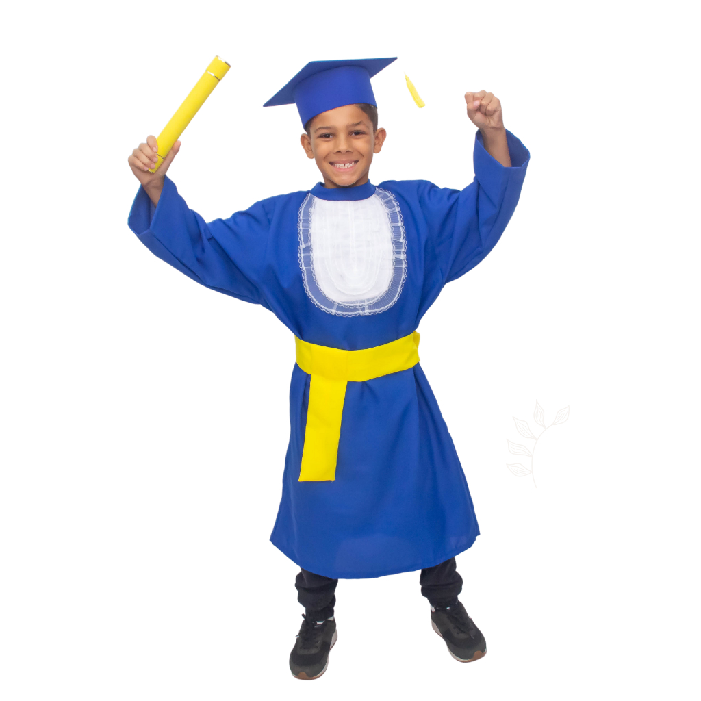 Beca de Formatura Infantil Azul Royal com Amarelo Completa com Canudo ...