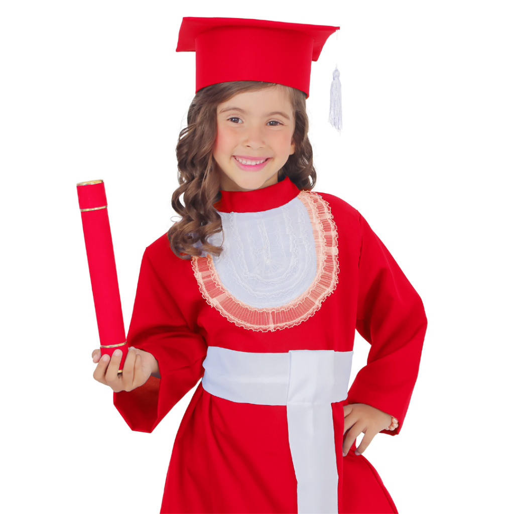Beca Formatura Infantil Vermelho com Capelo + Canudo + Faixa Completo ...