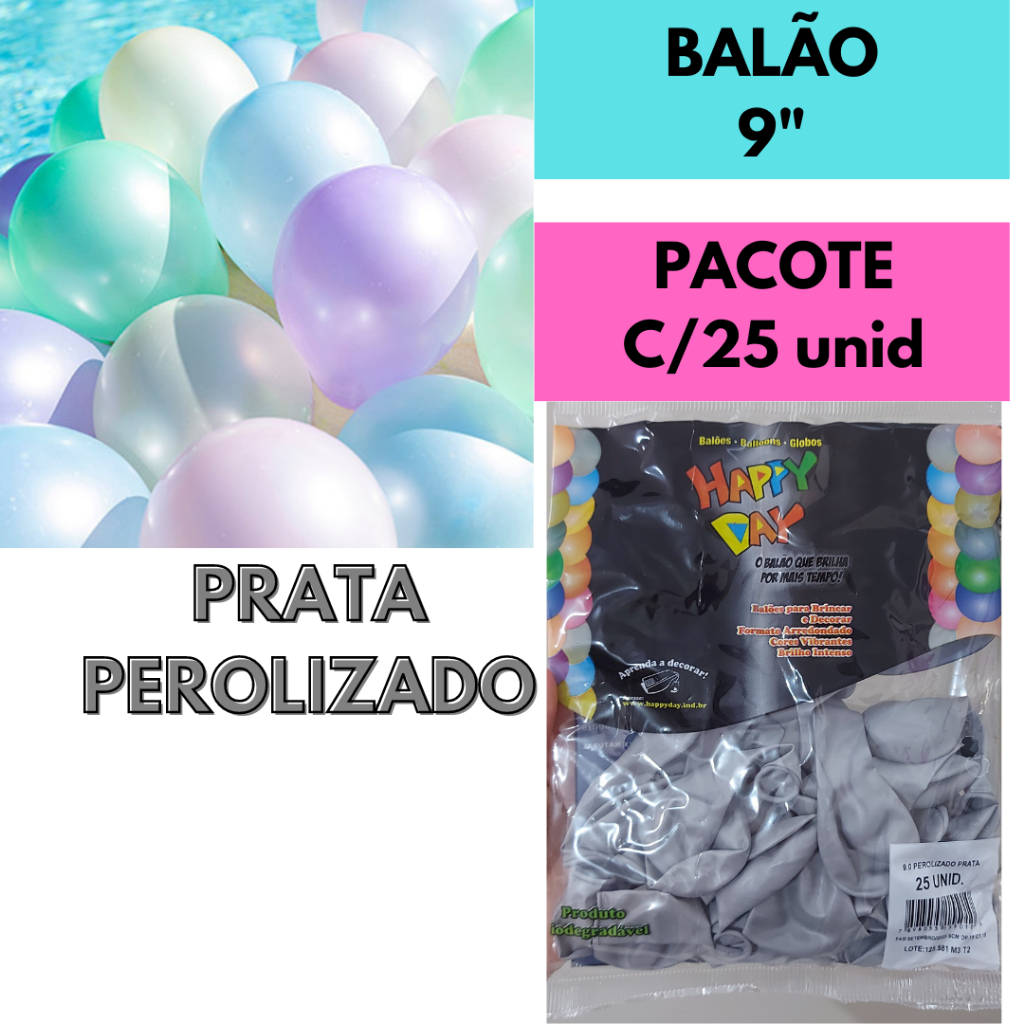Balão Bexiga Prata Perolizada 9" pacote com 25 unidades aniversario ...