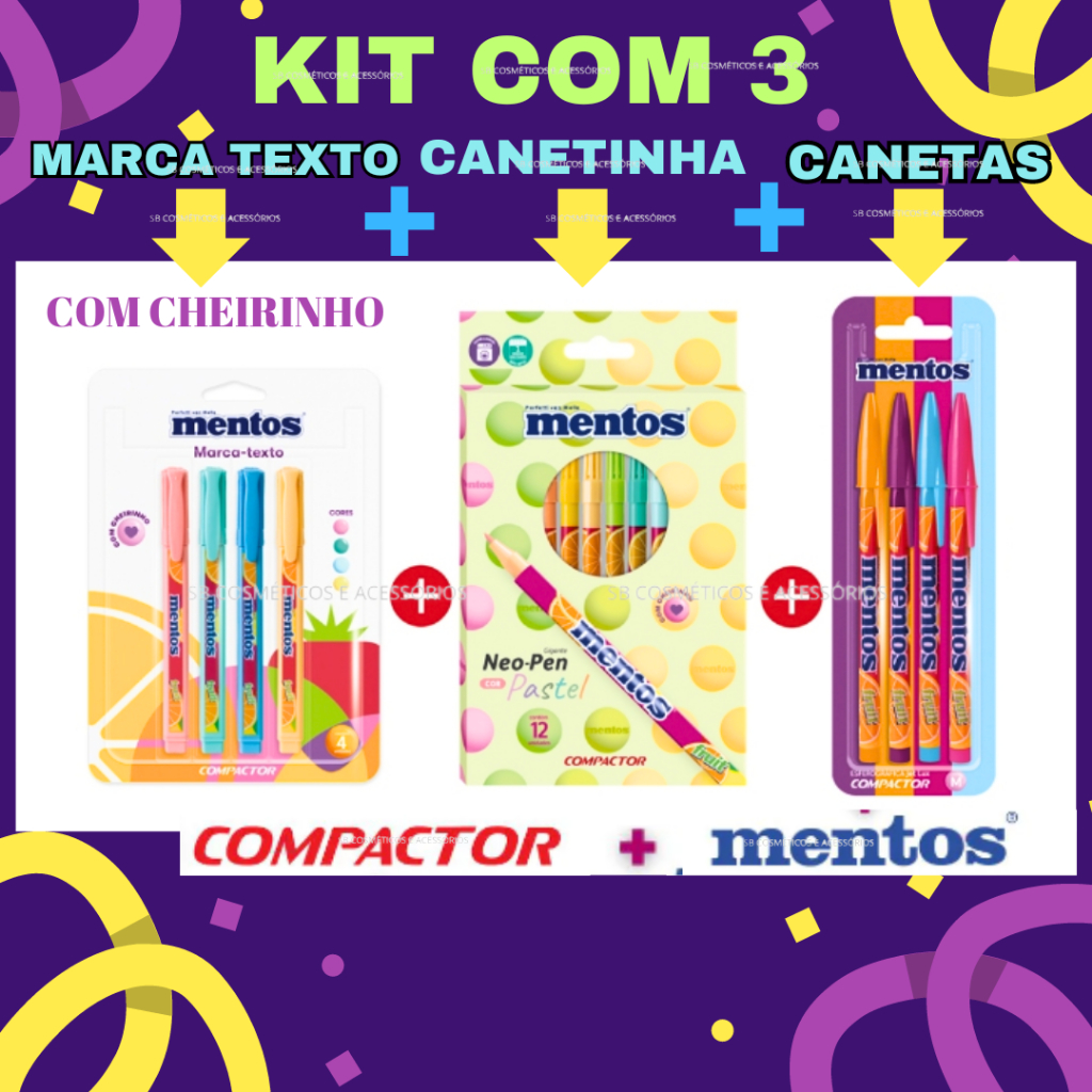 Kit 3 Compactor Mentos COM ( Canetinha, Marca Texto e Caneta ...