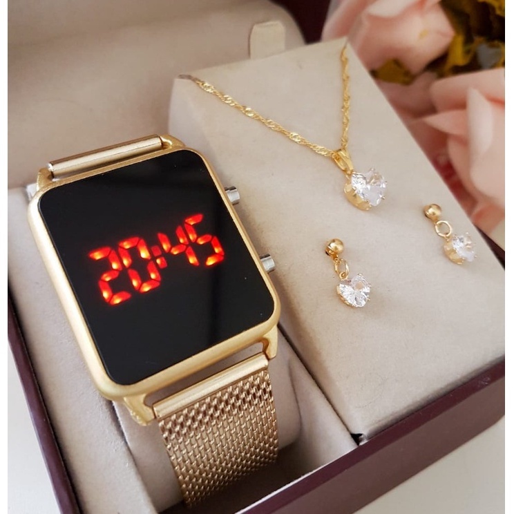 KIT RELOGIO DIGITAL FEMININO QUADRADO LED DOURADO COM COLAR E BRINCO ...
