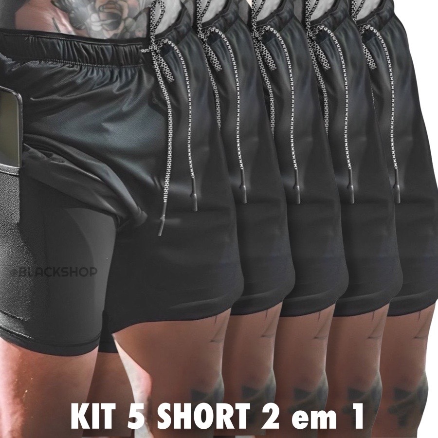 KIT 5 Short RUN 2 em 1 Bermuda Dry Fit Masculino Com Elastano Academia ...