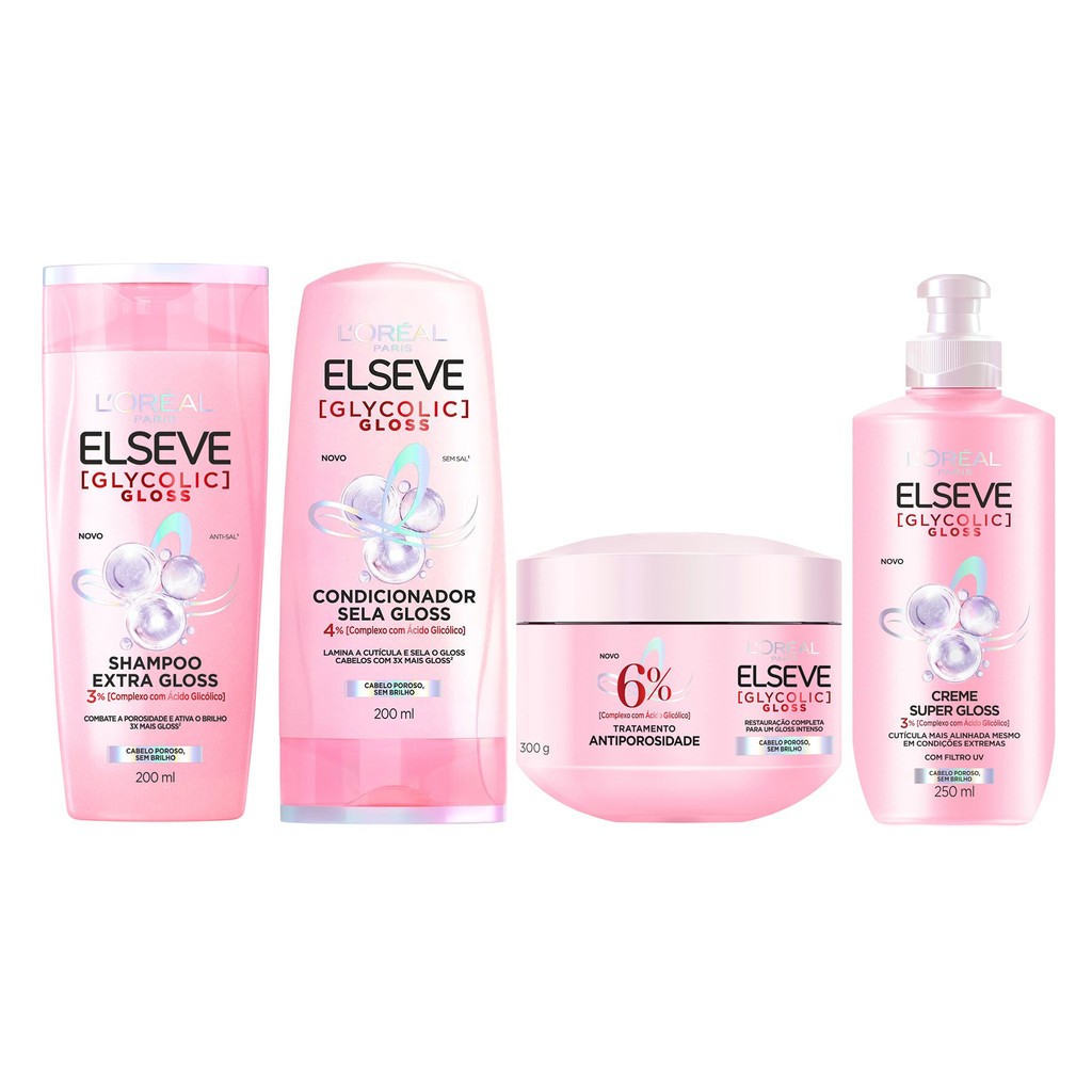 KIT ELSEVE GLYCOLIC GLOSS SHAMPOO 200ML + CONDICIONADOR 200ML + CREME ...