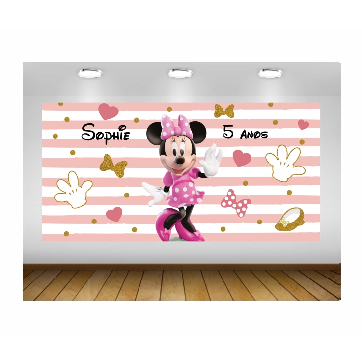 Painel de Festa Minnie Rosa Listras com Nome Painel Disney Painel ...