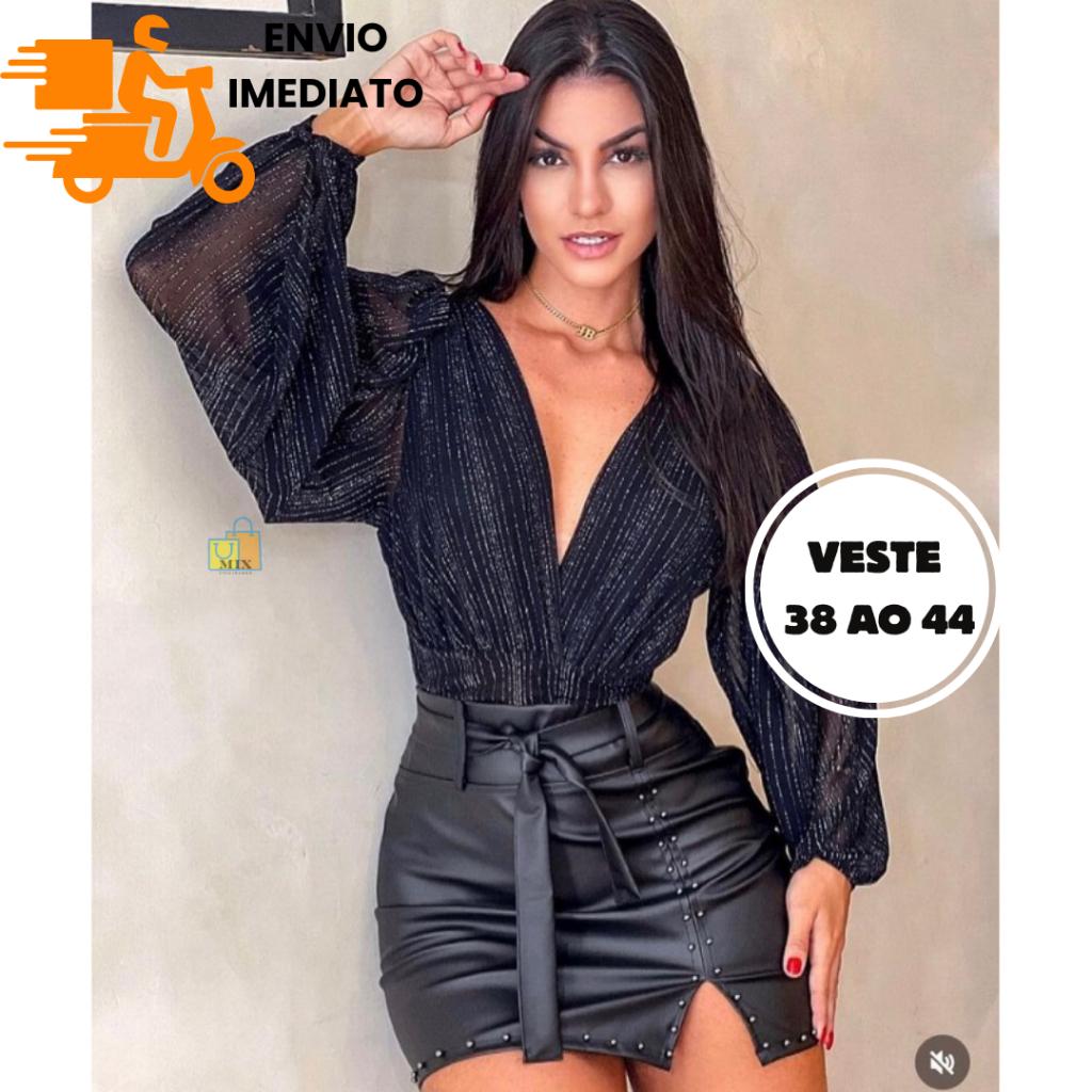 Body Transpassado em Tule Fio Prata Manga Longa Bufante Sem Bojo ...