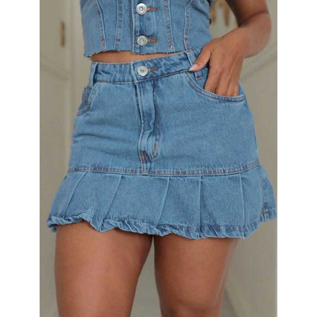 Mini Saia Jeans com Babado Preto | Shopee Brasil