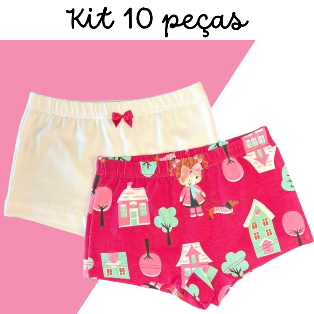 Calcinha Box Boxer Infantil Menina Feminina Cotton Premium Algodão Kit ...