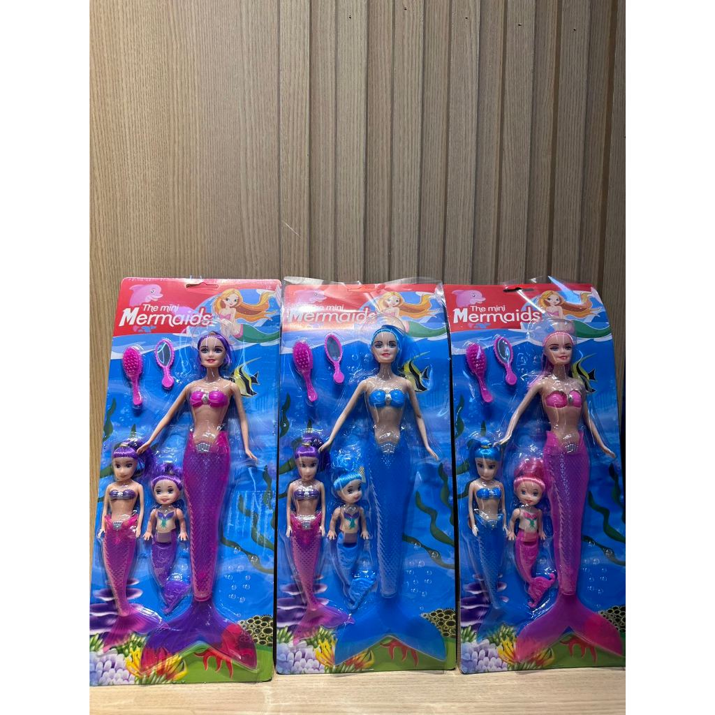 Boneca Sereia Rosa e Roxo e azul Kit Com Mini dois sereia e Escova e ...