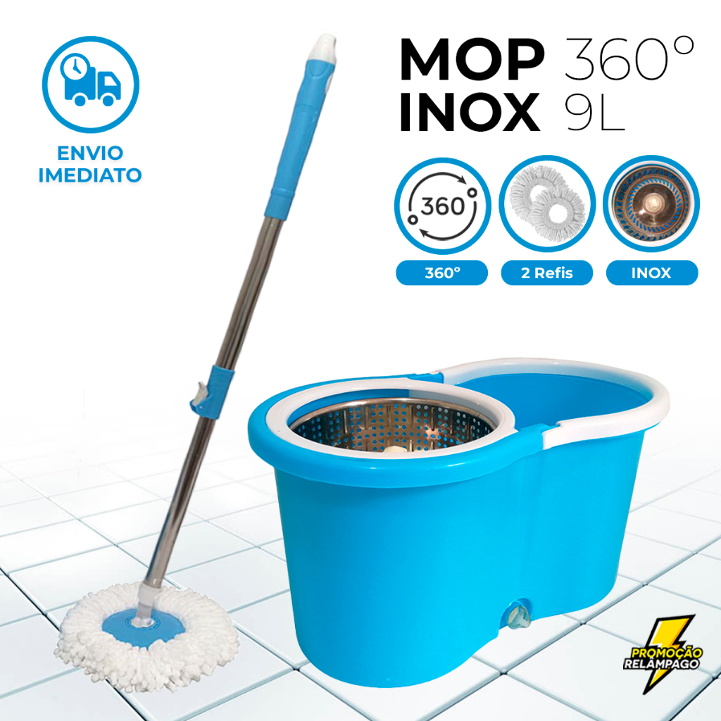MOP de Limpeza Inox Giratório Azul 9L 2 Refis de Microfibra com ...