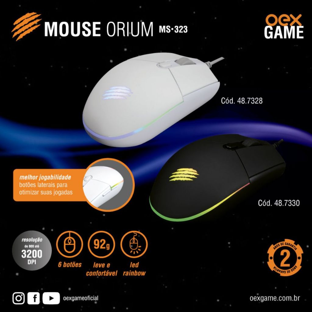 Mouse Gamer Orium Oex Game com 7 Botões MS323 LED Rainbow Branco ...
