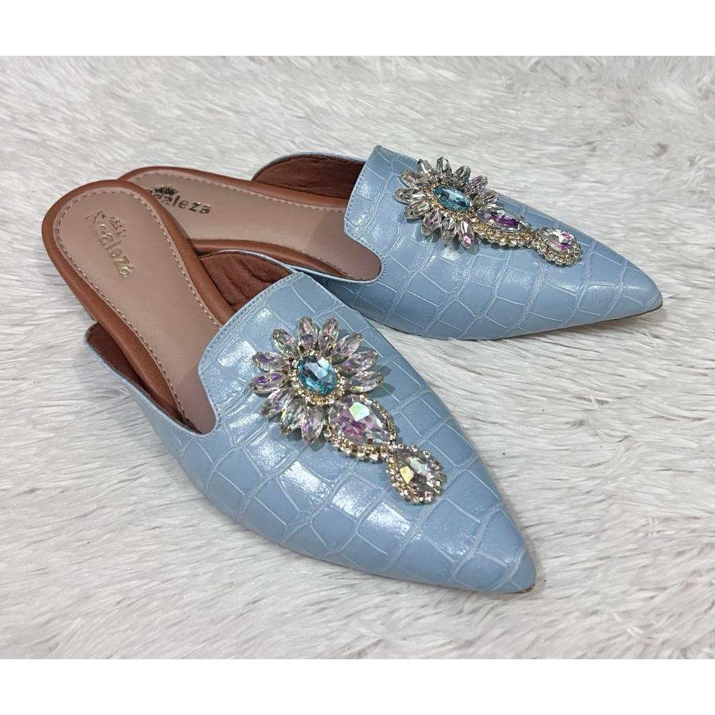 Mule Feminino Bico Fino Alongado Azul Aqua Pedraria Confort Luxo ...