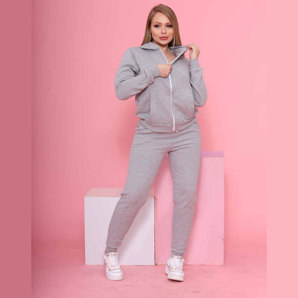 Conjunto De Moletom Feminino Moletom E Calca Capuz Ziper Cinza | Shopee ...
