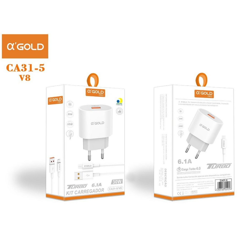 Kit Cabo e Carregador A’Gold Tipo C/IOS/V8 CA31 | Shopee Brasil