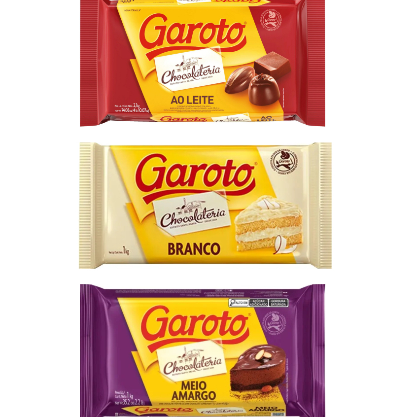 KIT CONFEITEIRO COM 3 BARRAS DE CHOCOLATE GAROTO DE 1KG ( chocolate ao leite, chocolate branco ...
