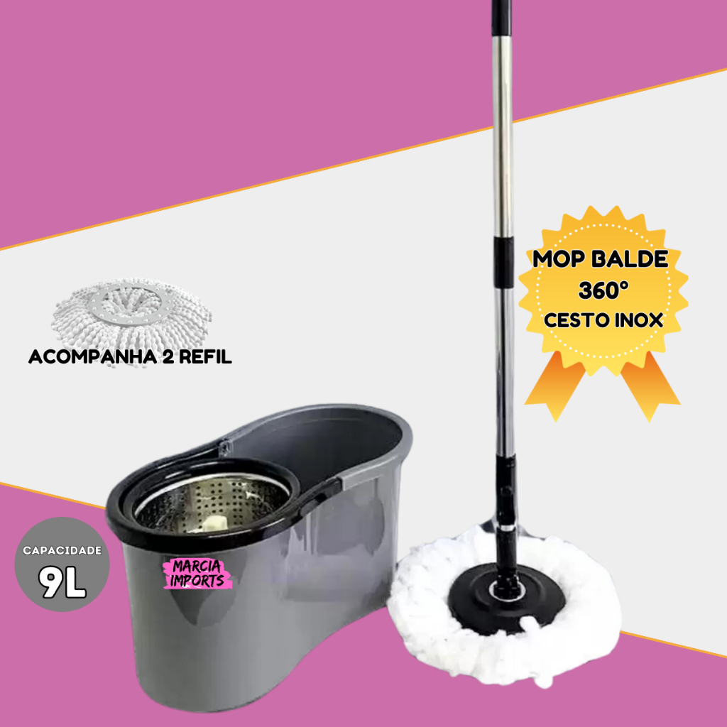 Mop com Balde 9 Litros e Centrifuga em Inox Otimo P Casa acompanha 2 Refil de Microfibra ...